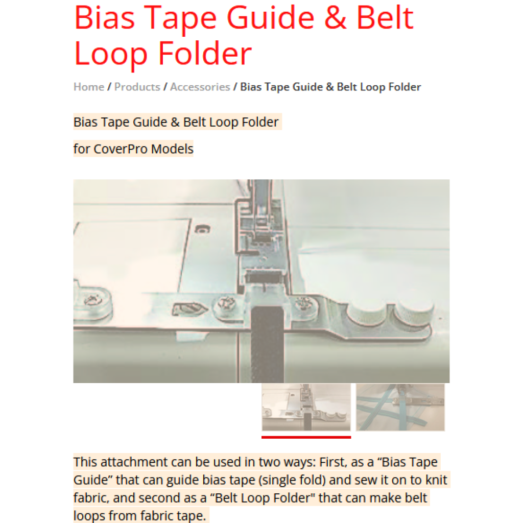 Janome Bias Tape Guide & Belt Loop Folder Attachment for CoverPro ...